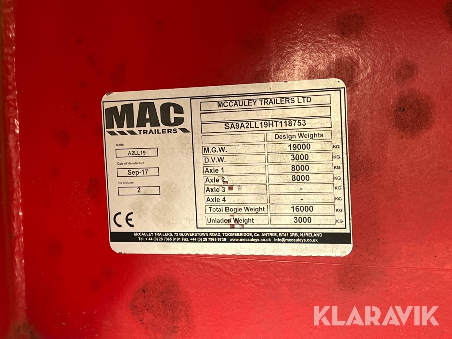 Maskintrailer McCauley MAC A2LL19, Trollhättan, Klaravik auk