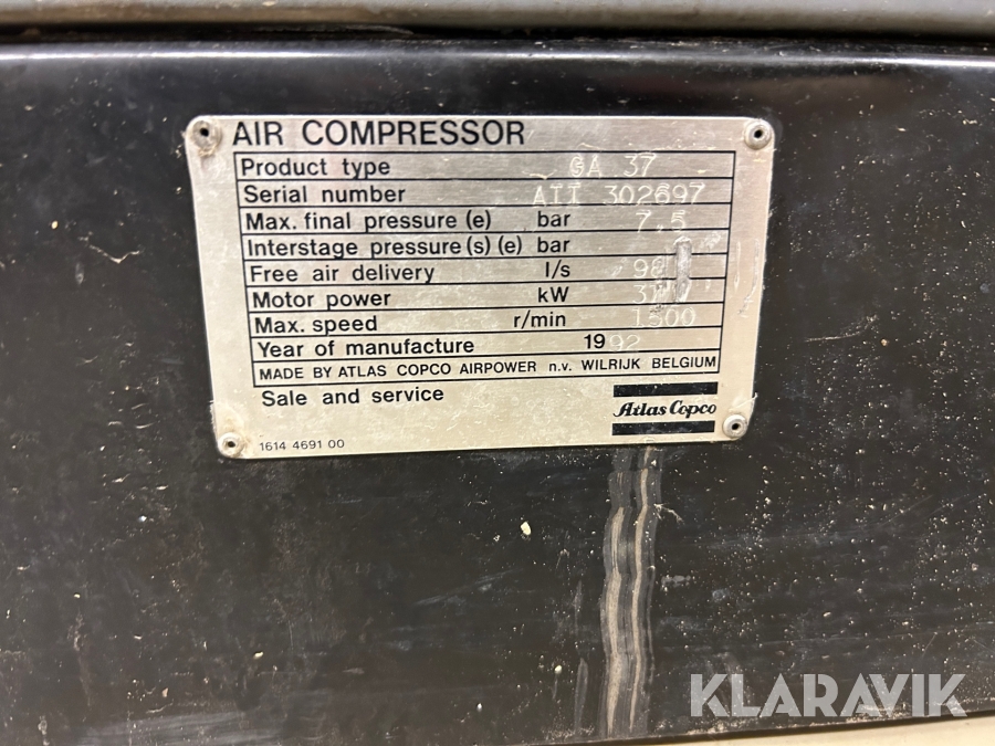 Kompressor med tank och kyltork Atlas Copco GA37, Örnsköldsv