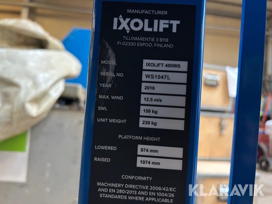 Pelarlift Ixolift 400 WS, Göteborg, Klaravik auktioner