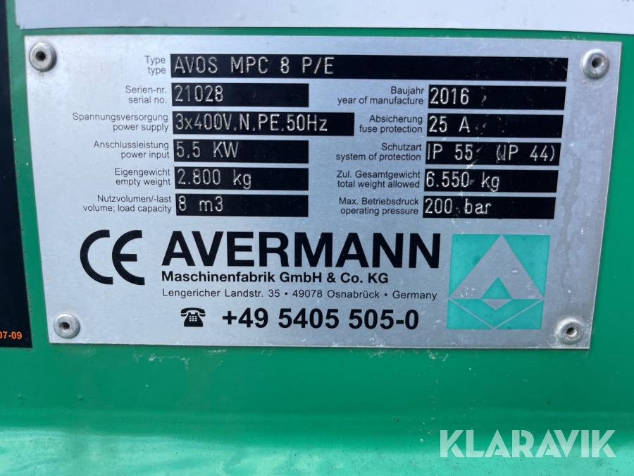 Komprimator Avermann Avos MPC8 P/E, Göteborg, Klaravik aukti