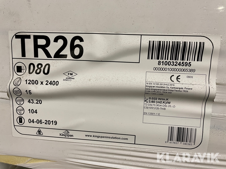 Klaravik Auktioner | Isolering Kungspan Therma TR26 Pir-baserad 255m2