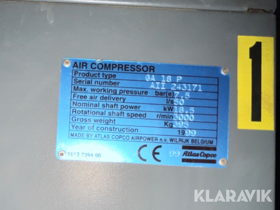 Trycklufts system / kompressor Atlas Copco, Jönköping, Klara