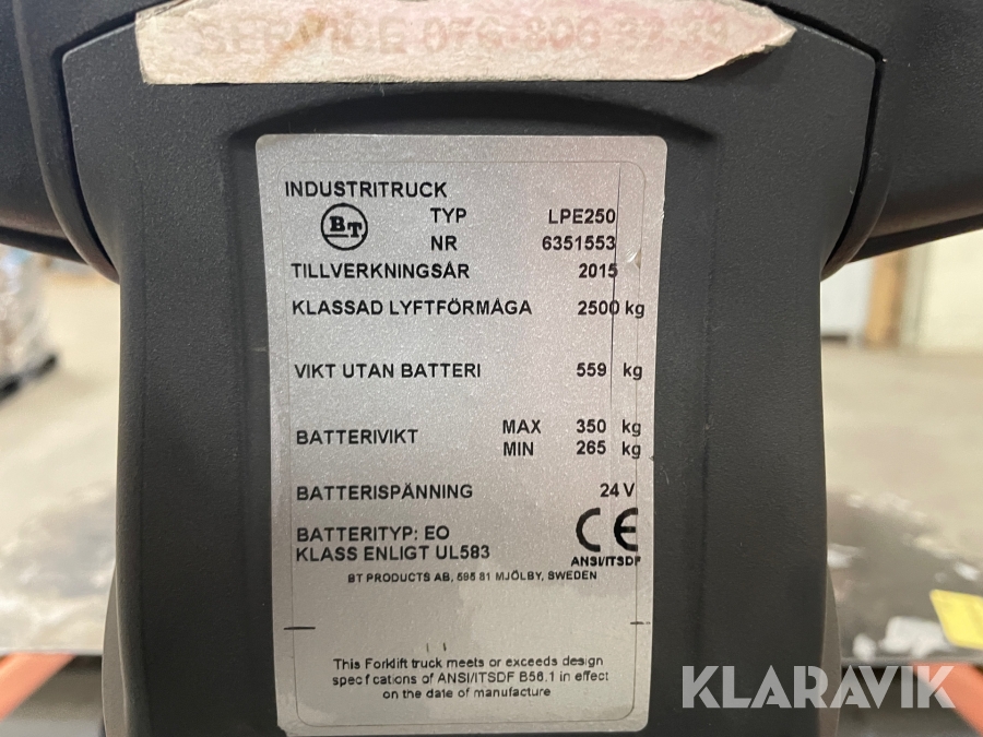 Låglyftande truck BT LPE250, Hultsfred, Klaravik auktioner