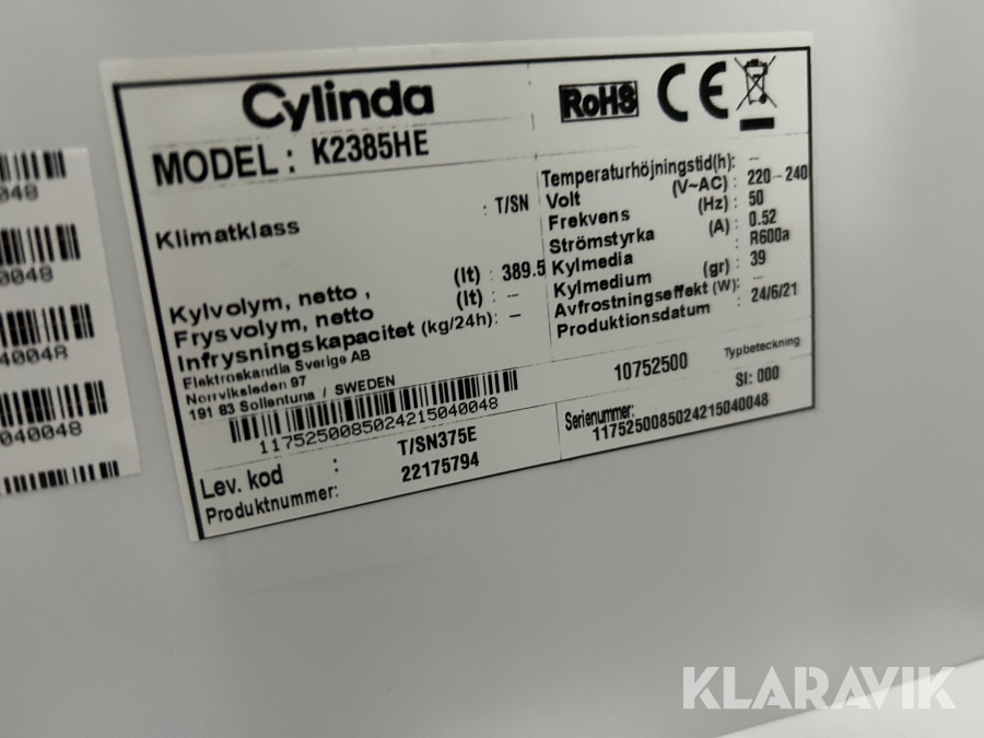 Kylskåp Cylinda K2385HE, Helsingborg, Klaravik auktioner