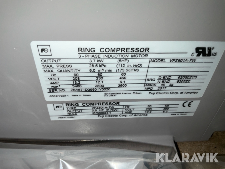 Ringkompressor Teral VFZ601A-7W, Vetlanda, Klaravik auktione