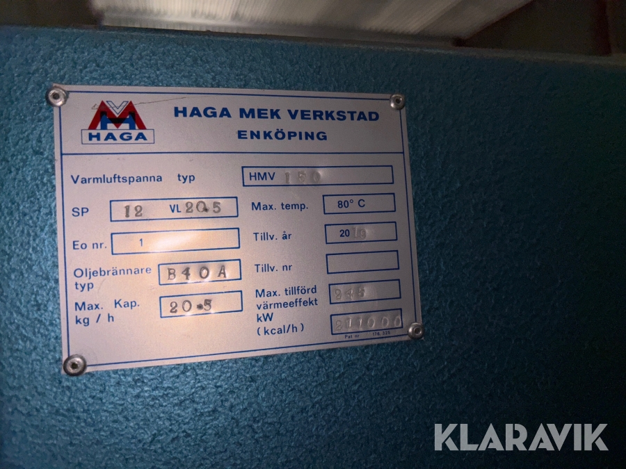 Varmluftspanna HMV 150, Norrköping, Klaravik auktioner