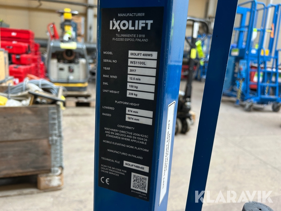 Pelarlift Ixolift 400 WS, Göteborg, Klaravik auktioner