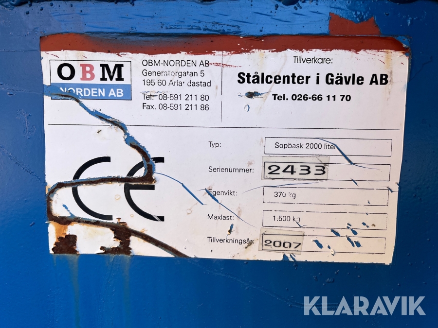 Sopbasker Stålcenter 2000L, Östhammar, Klaravik auktioner