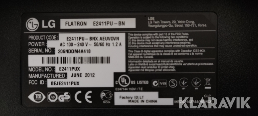 Monitor LG Flatron E2411, Linköping, Klaravik auktioner