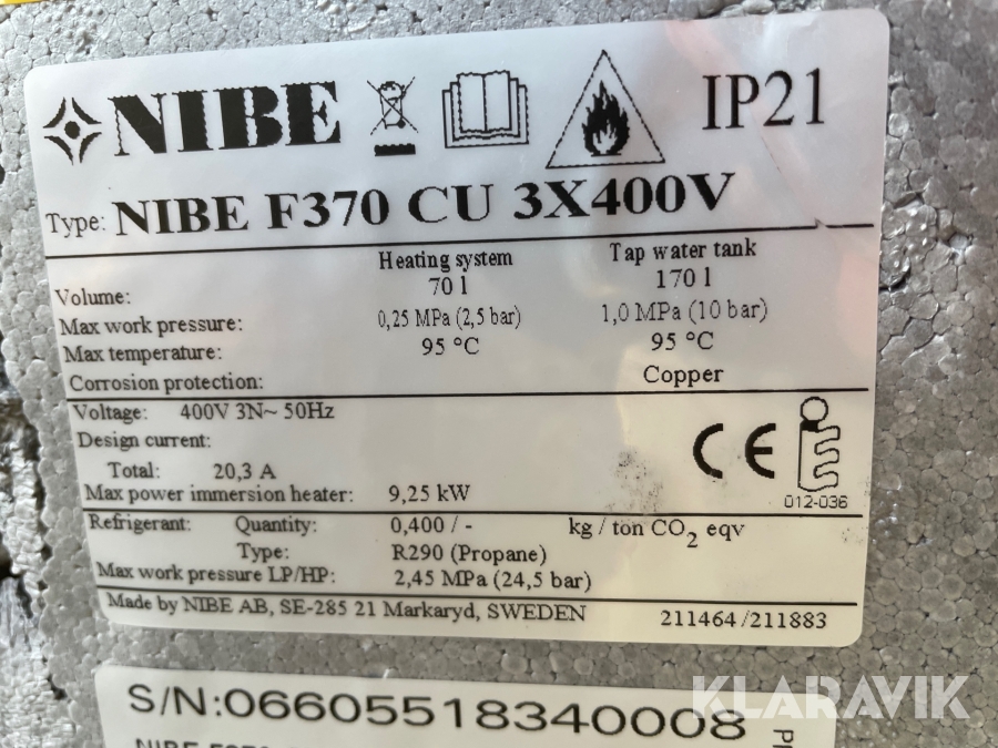Frånluftsvärmepump NIBE F370 CU 3X400V, Uppsala, Klaravik au