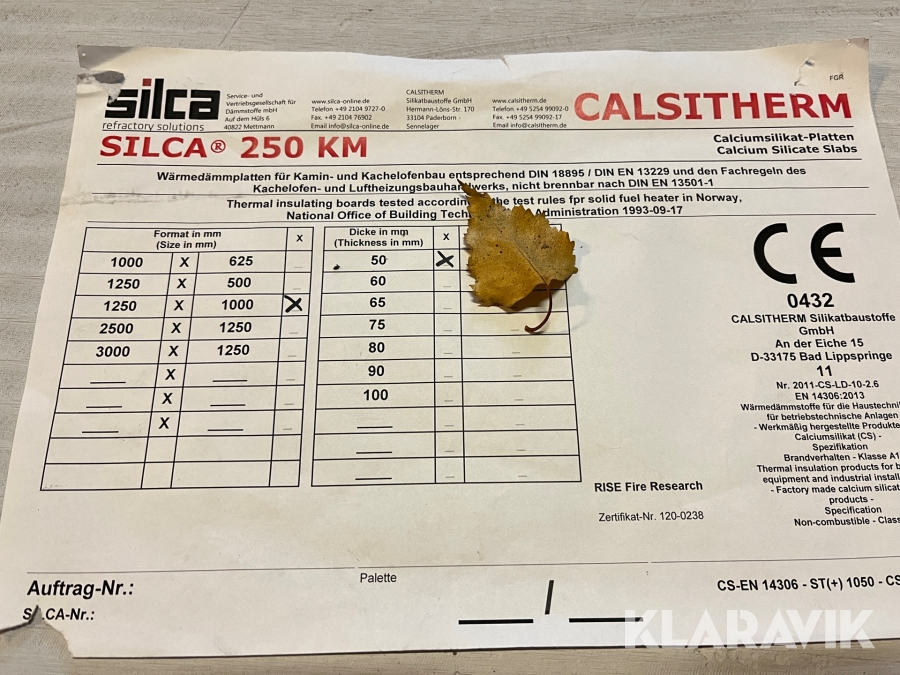 Värmeisoleringsskivor för kamin Silca Calsitherm Silca 250 K
