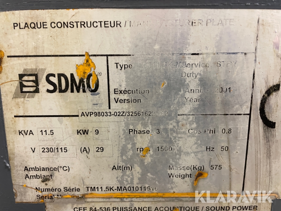 Generator SDMO 11.5 KVA, Falun, Klaravi
