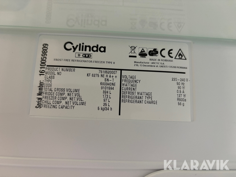 Kyl/frys Cylinda KF 6275, Eksjö, Klaravik auktioner