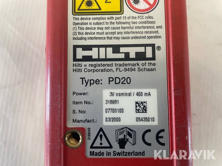 Avståndsmätare Hilti PD20, Svalöv, Klaravik auktioner