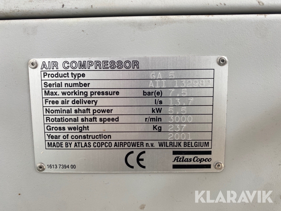 Kompressor Atlas Copco GA5FF, Norrtälje, Klaravik auktioner