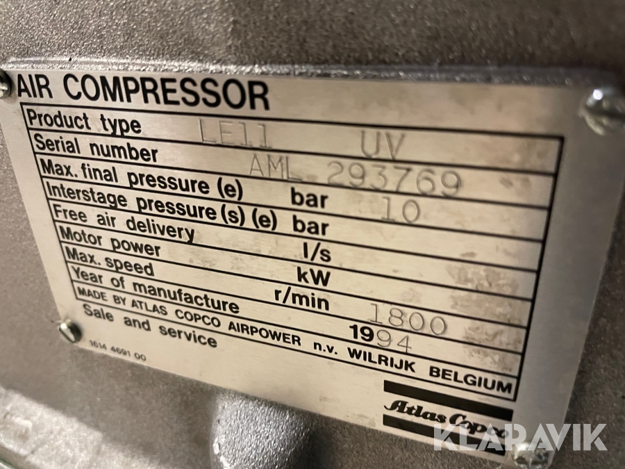 Kompressor Atlas Copco LE11, Sunne, Klaravik auktioner