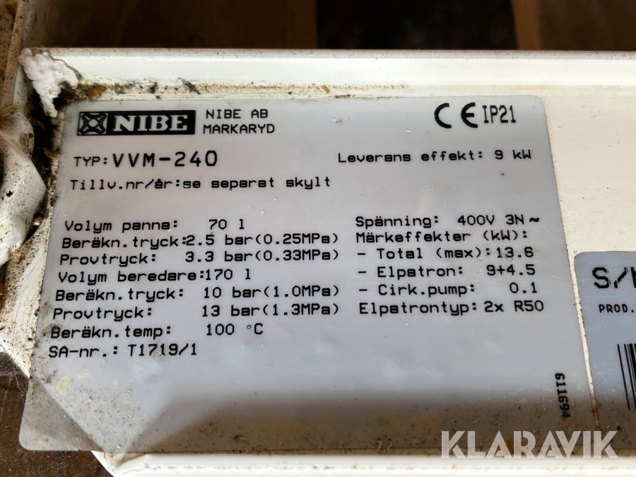 Varmvattenberedare NIBE VVM-240, Hässleholm, Klaravik auktio