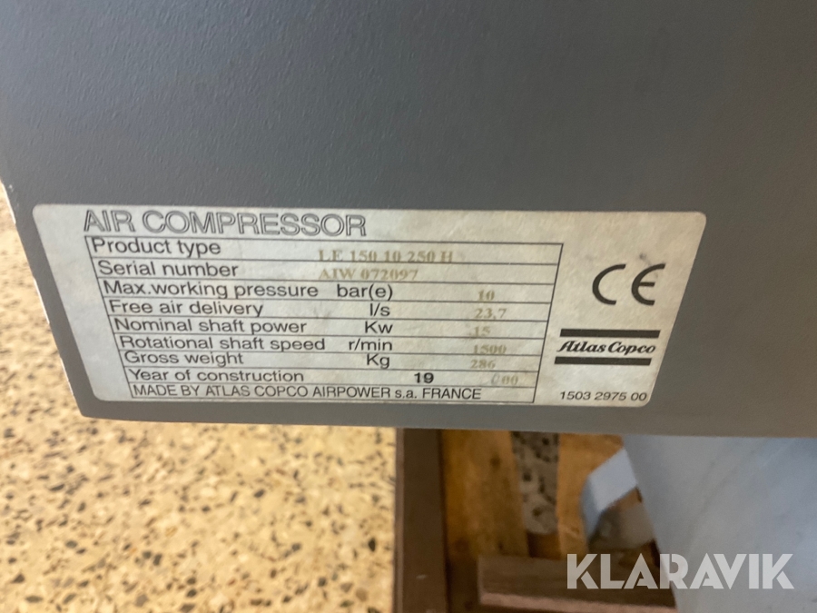 Kompressor Atlas Copco Le 15010 250 h, Lycksele, Klaravik au