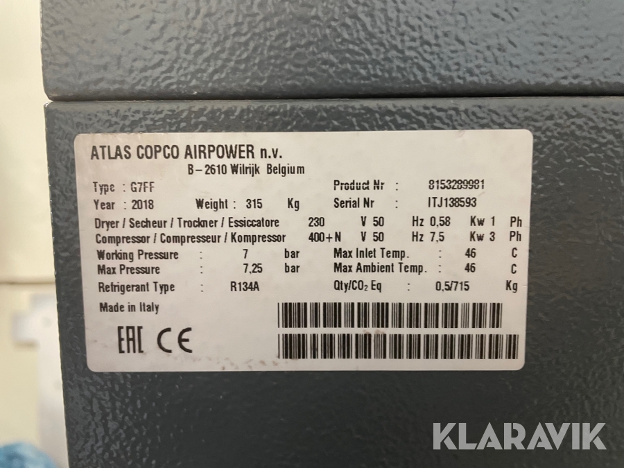 Skruvkompressor Atlas Copco G7FF 7.5 +N/50 Tank G7-G15, Öst