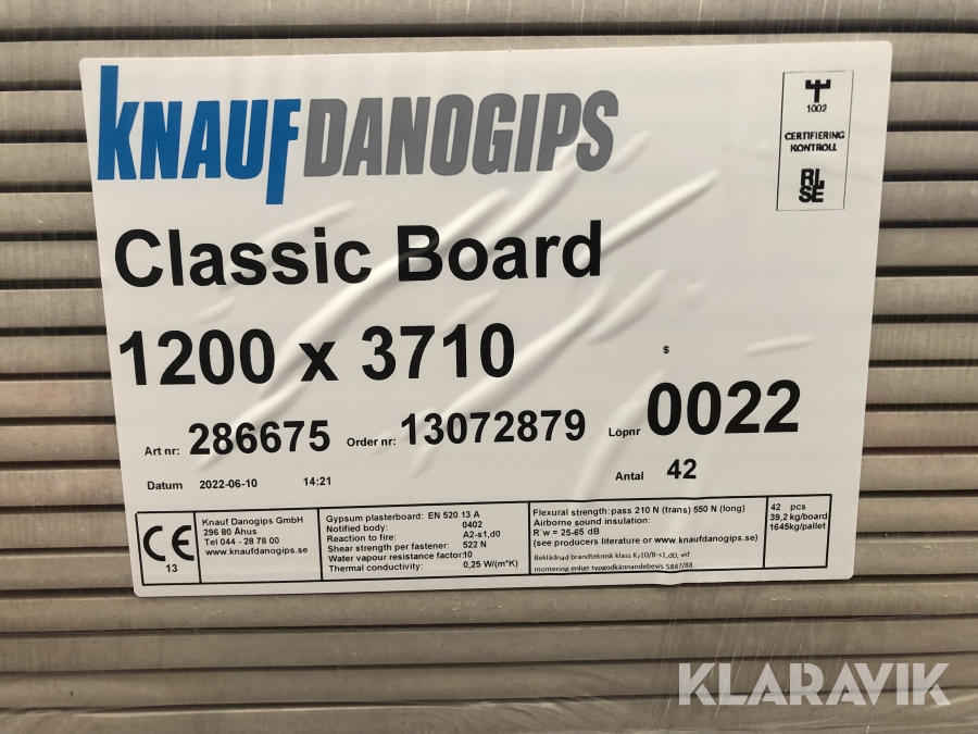 Gips 12,5 mm Knauf Danogips Classic Board, Valdemarsvik, Kl
