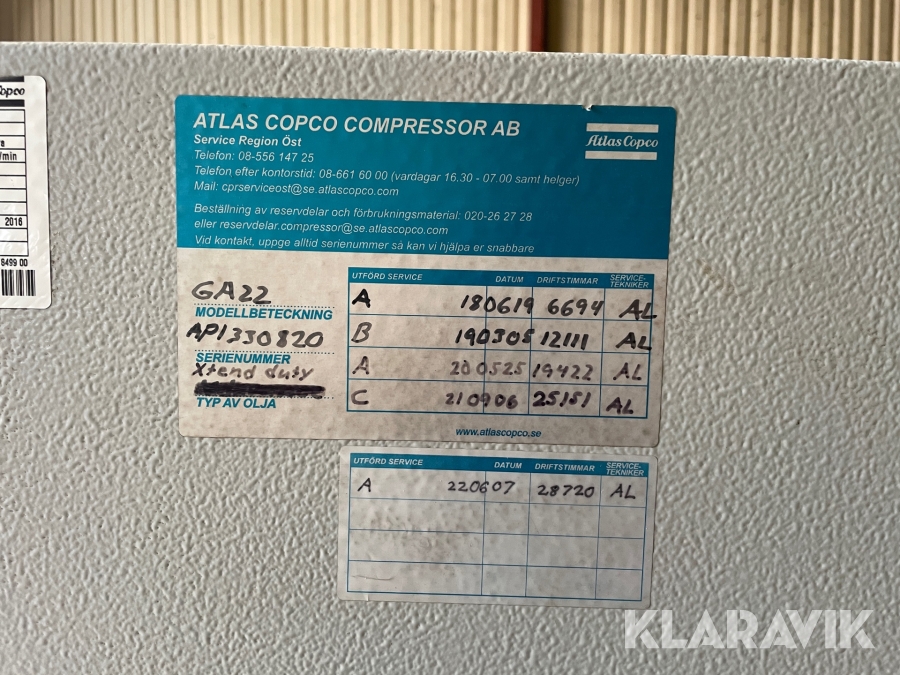 Skruvkompressor Atlas Copco GA22+FF, Kristinehamn, Klaravik