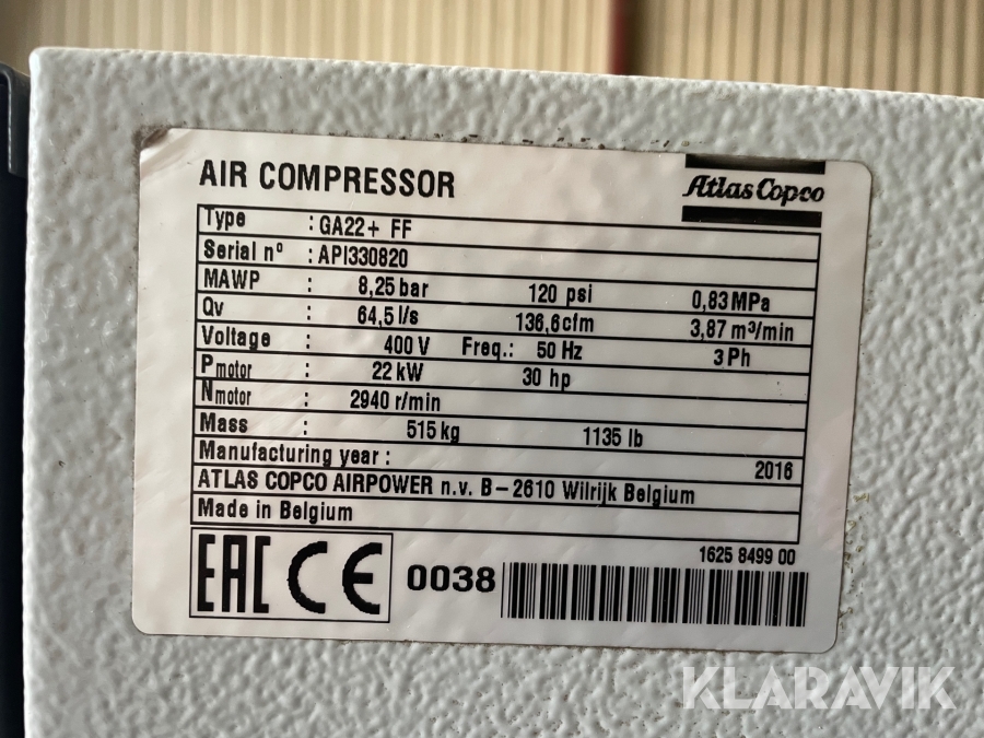 Skruvkompressor Atlas Copco GA22+FF, Kristinehamn, Klaravik