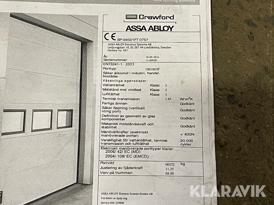 Takskjutport Assa Abloy Crawford OH1042P, Mölndal, Klaravik