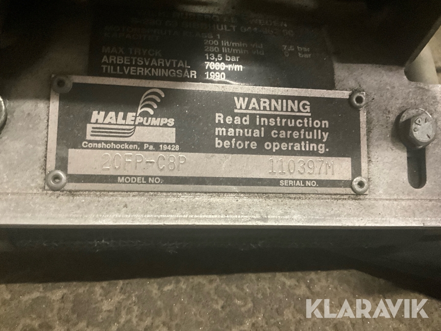 Pump, motorspruta Hale Pumps, Borås, Klaravik auktioner