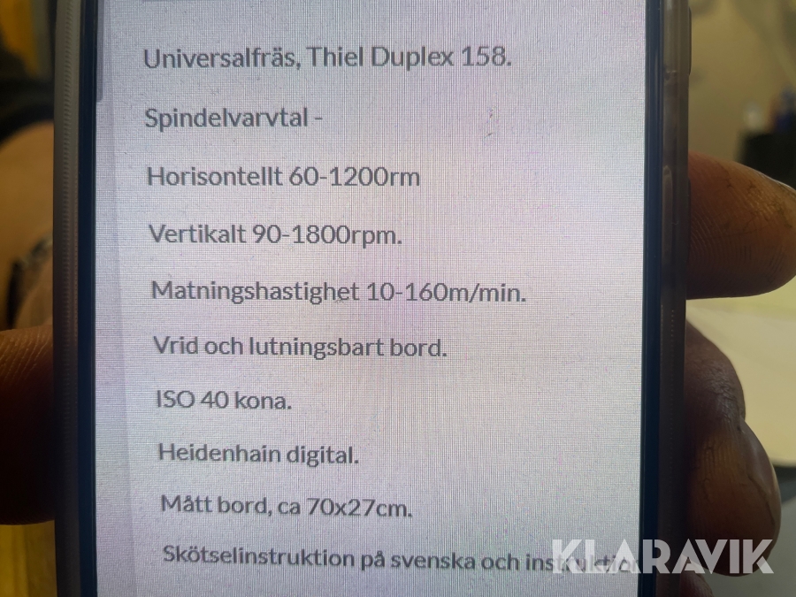 Klaravik Auktioner | Universalfräs Thiel Duplex 158