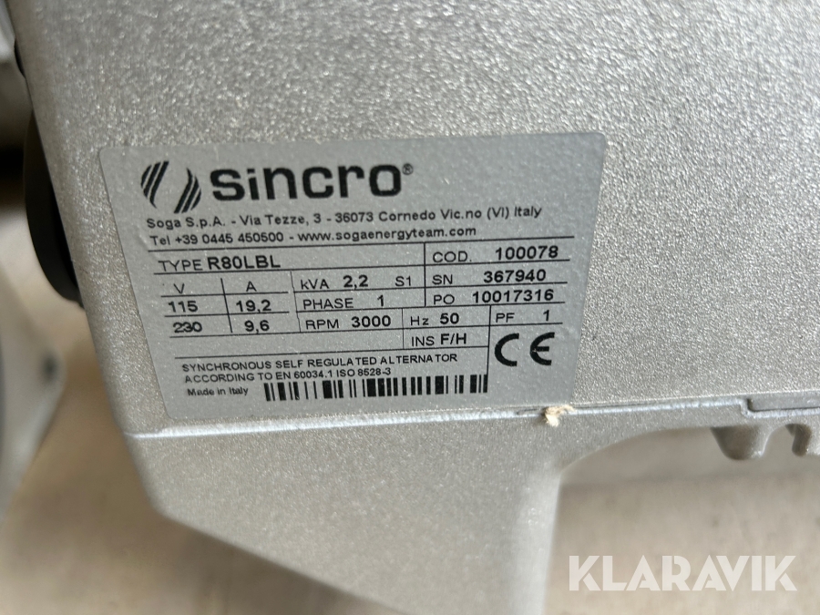 SvetsGenerator Sincro SW2-E220, Vara, Klaravik auktioner