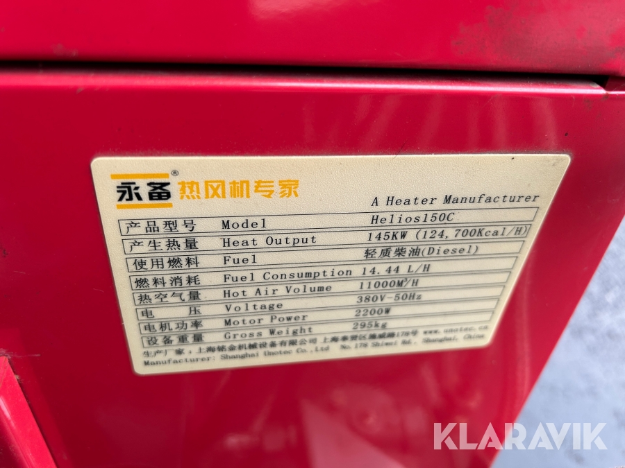 Dieselvärmare/värmluftspanna Unotec Helios150C, Ängelholm, K