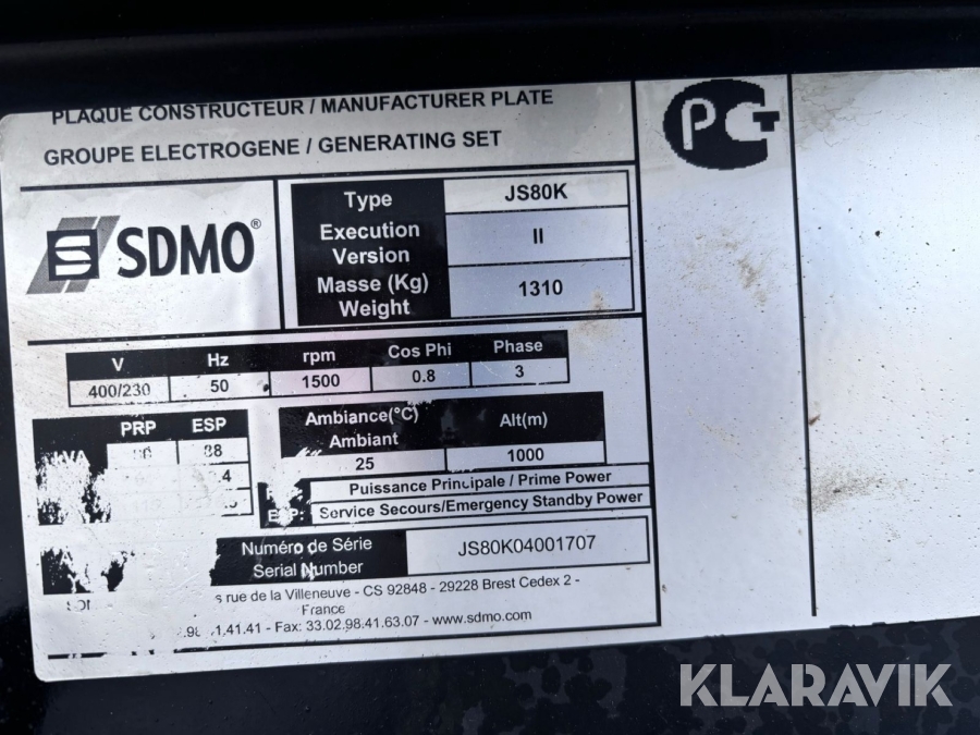 Generator SDMO JS80K, Enköping, Klaravik auktioner