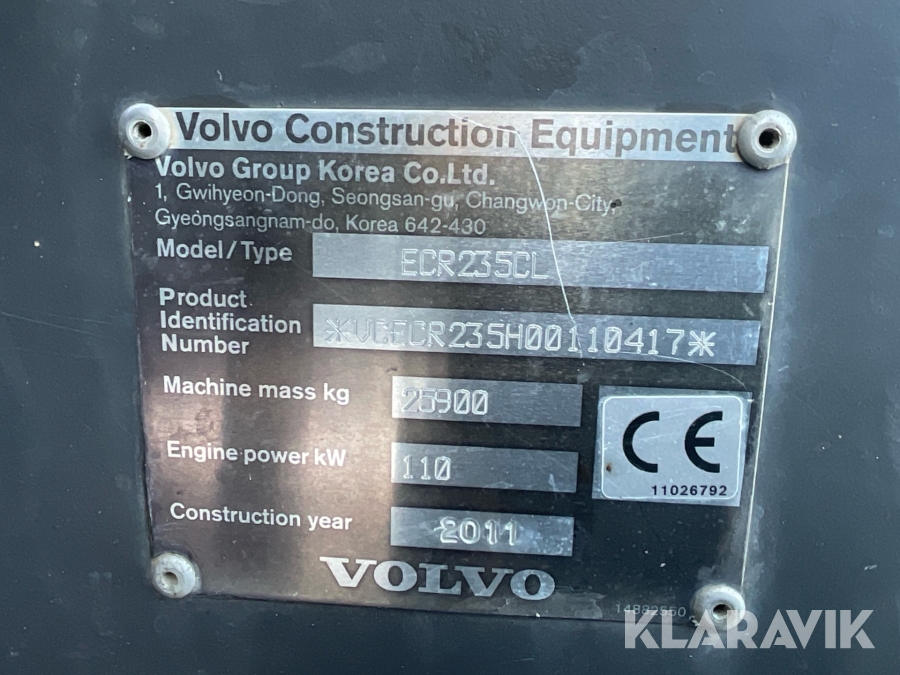 Grävmaskin Volvo ECR235CL, Bollnäs, Klaravik auktioner