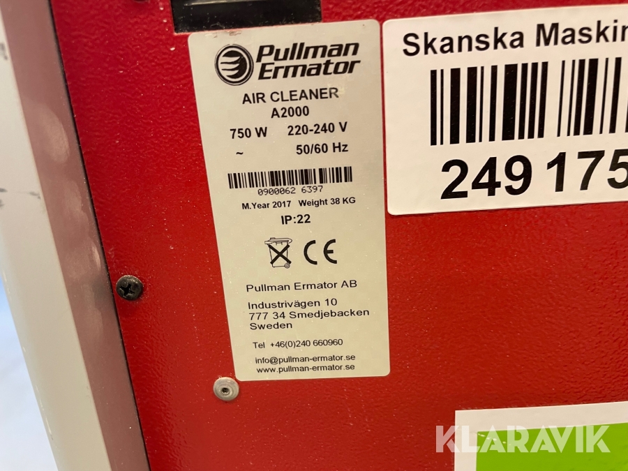 Luftrenare Pullman Ermator A2000, Södertälje, Klaravik auk