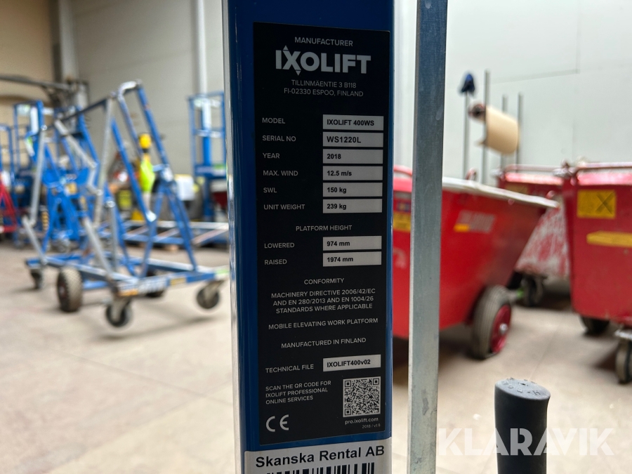 Pelarlift Ixolift 400 WS, Göteborg, Klaravik auktioner