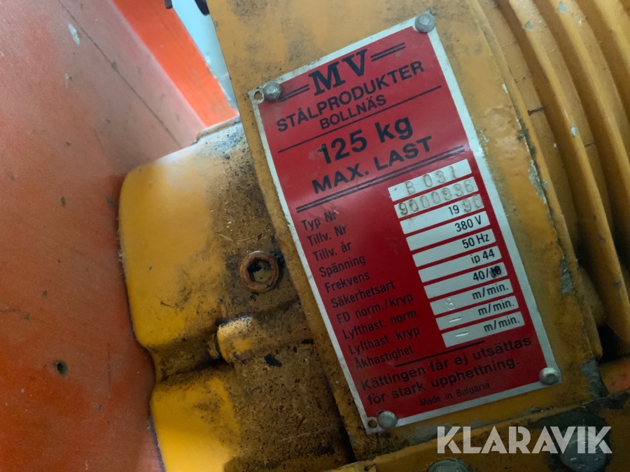 Klaravik Auktioner | Elektrisk lyftblock Mv stålprodukter 125kg