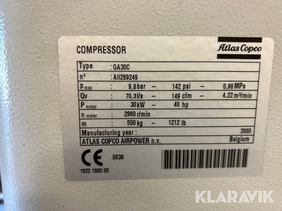 Kompressor Atlas Copco GA 30 C FF, Askersund, Klaravik aukti