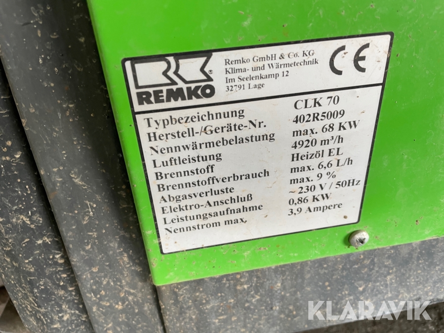 Klaravik Auktioner | Varmluftspanna Remko CLK70