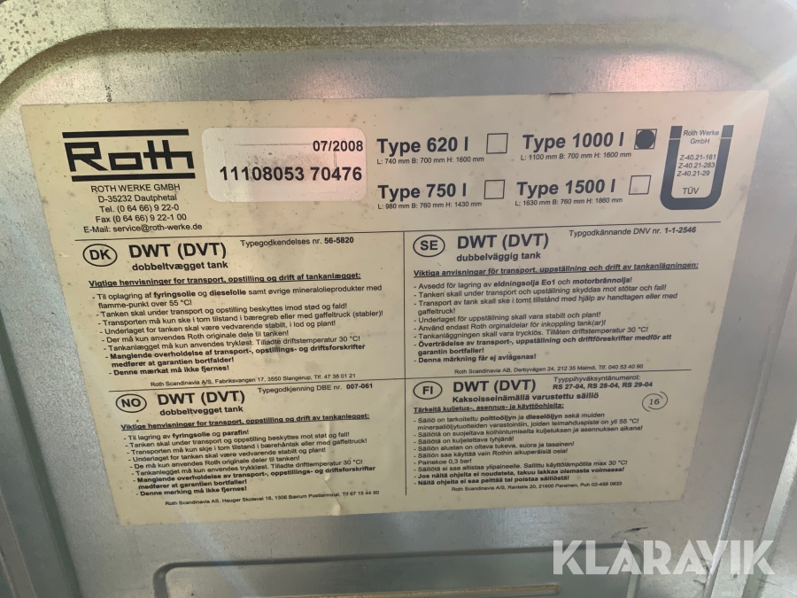 Dieseltank Roth 1000 l, Emmaboda, Klaravik auktioner