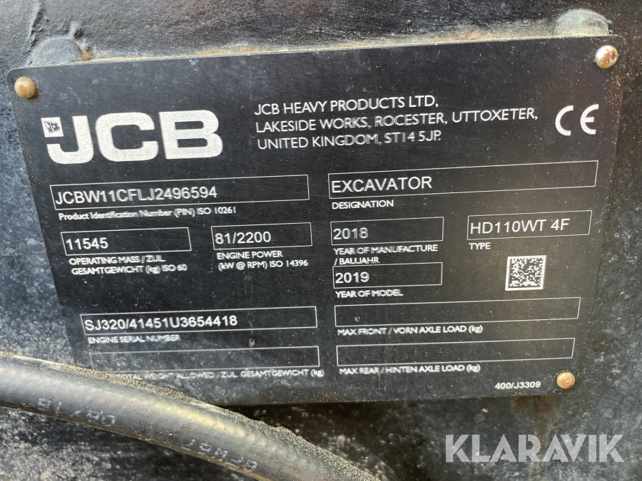 Grävmaskin JCB HD110WT 4F, Karlskrona, Klaravik auktioner