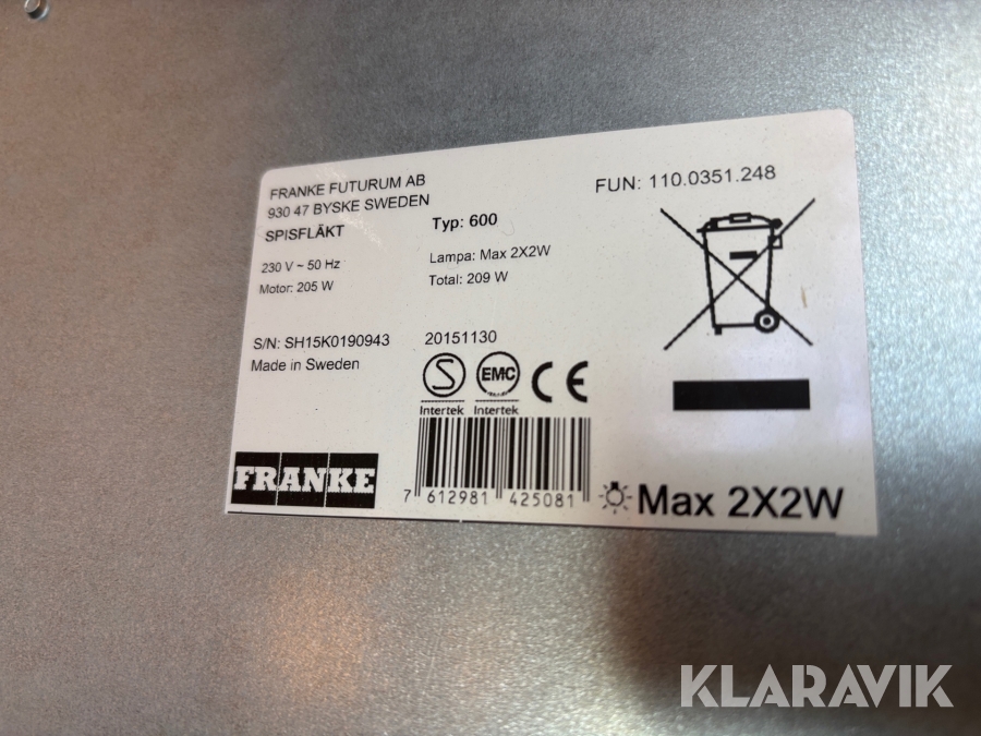 Köksfläkt Franke 600 Franke 600, Örebro, Klaravik auktioner