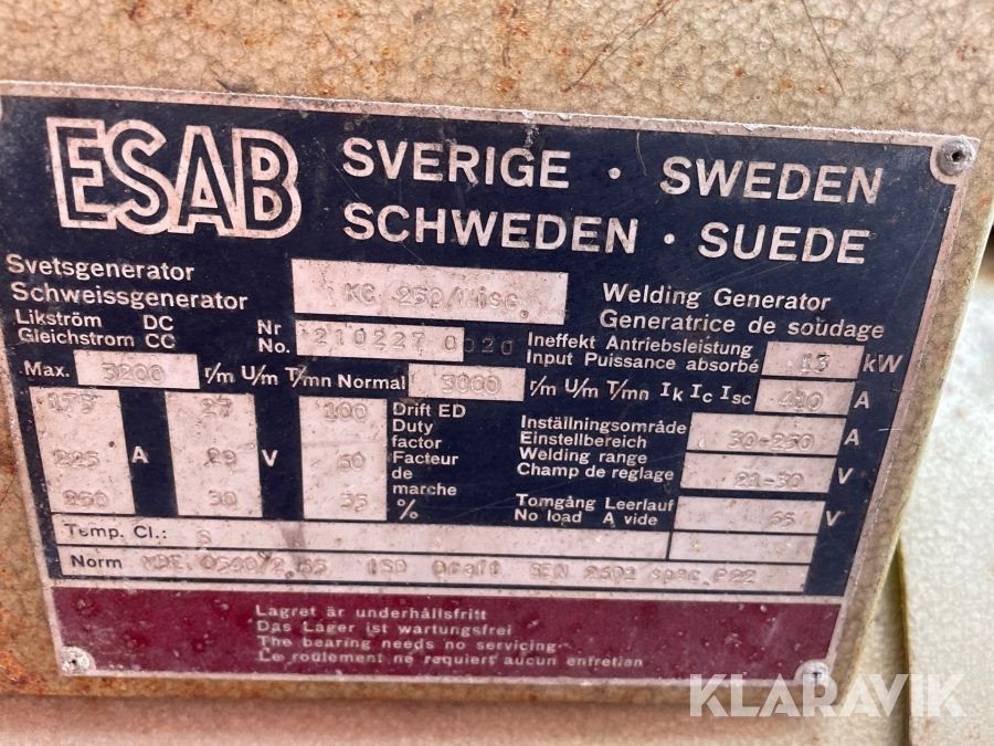 Motorsvets Esab KC250 Wisc, Vansbro, Klaravik auktioner