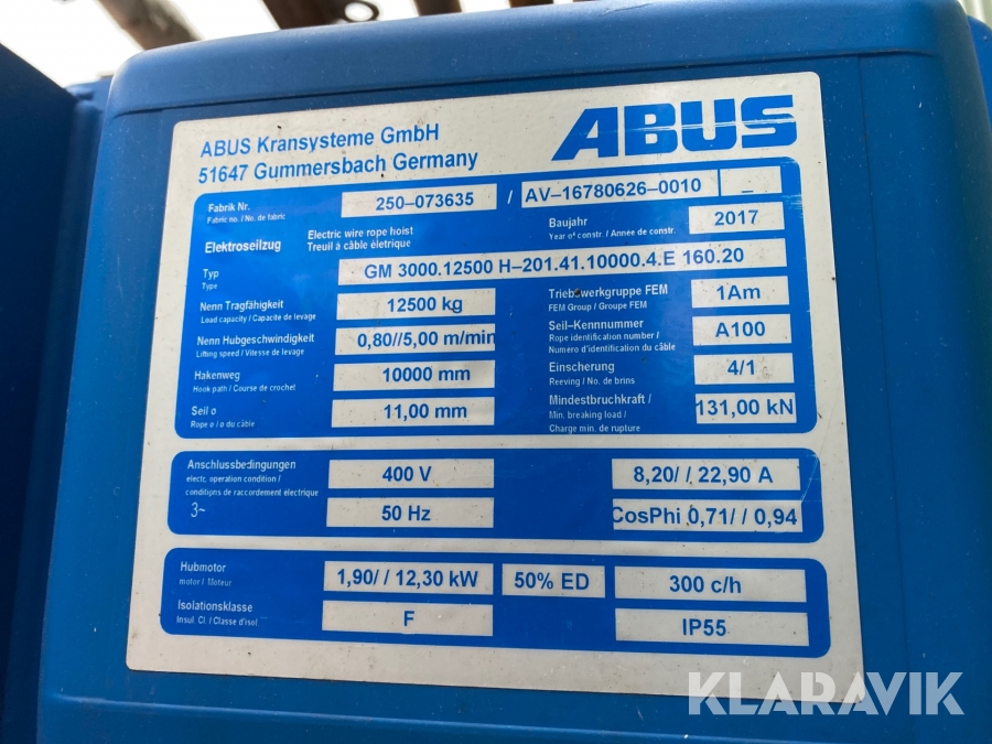 Klaravik Auktioner | Travers Abus GM3000 12500kg