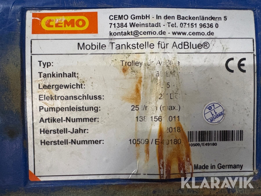 Adblue tank Cemo Trolly adblue, Köping, Klaravik auktioner