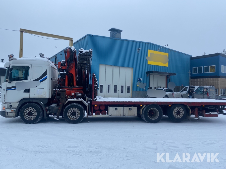 Kranbil med flak Scania R124, Gällivare, Klaravik auktioner