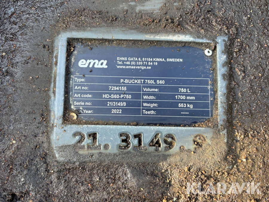 Planeringsskopa EMA P-Bucket 750L S60, Hässleholm, Klaravik
