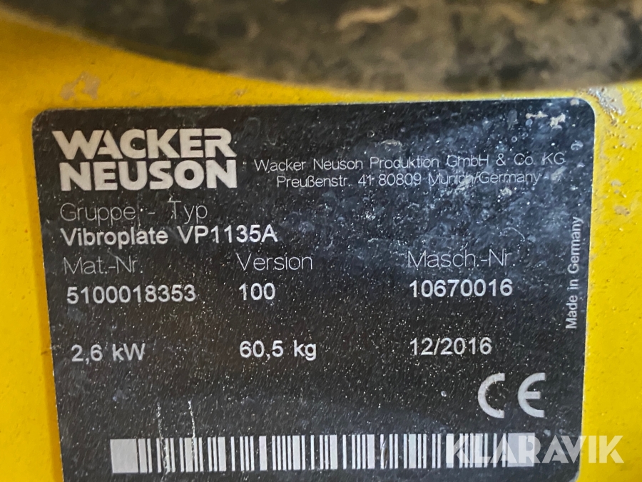 Klaravik Auktioner | Markvibrator Wacker Neuson VP1135