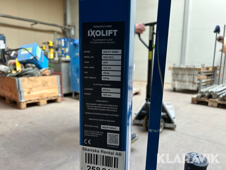 Pelarlift Ixolift 400 WS, Göteborg, Klaravik auktioner
