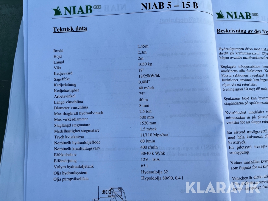 Traktorprocessor Niab 5-15B, Hylte, Klaravik auktioner