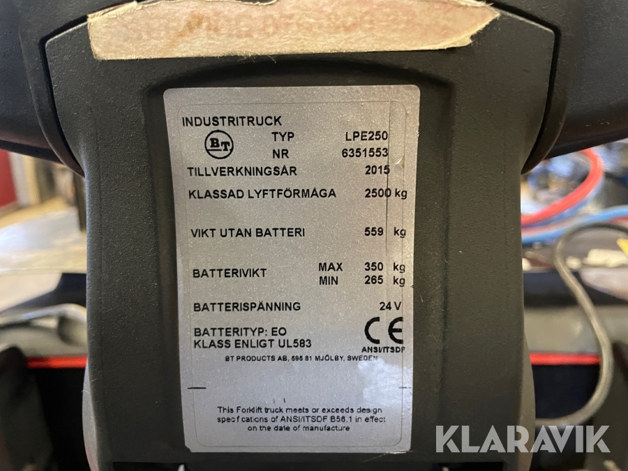 Låglyftande truck BT LPE250, Hultsfred, Klaravik auktioner